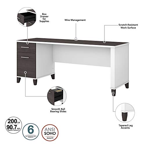 Bush Furniture Somerset 72W 3 Position Sit to Stand L Shaped Desk with Hutch and File Cabinet in White and Storm Gray