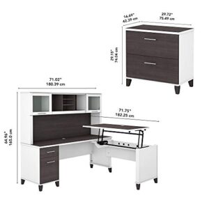 Bush Furniture Somerset 72W 3 Position Sit to Stand L Shaped Desk with Hutch and File Cabinet in White and Storm Gray