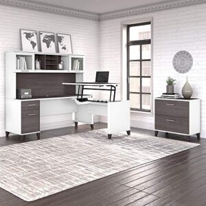 Bush Furniture Somerset 72W 3 Position Sit to Stand L Shaped Desk with Hutch and File Cabinet in White and Storm Gray