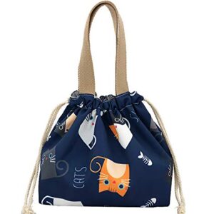 Enyuwlcm Mini Lunch Tote Pouch Reusable Small Cute Lunch Bag with Drawstring Suitable for Girls Women Cat Blue