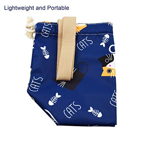 Enyuwlcm Mini Lunch Tote Pouch Reusable Small Cute Lunch Bag with Drawstring Suitable for Girls Women Cat Blue