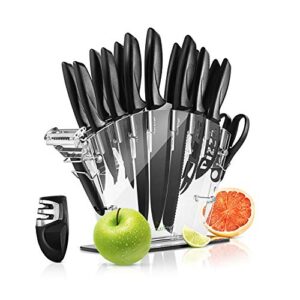 nutrichef 17 piece kitchen knife set - stainless steel kitchen precision knives set w/ 6 steak knives & bonus sharpener, scissors, peeler, acrylic block stand - slicing, chopping, dicing - nckns17