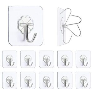 premium adhesive hooks kitchen wall hooks,heavy duty 13lb(max) wall hooks, transparent reusable seamless hooks with stainless hooks reusable utility towel bath ceiling office window hooks,10 pack