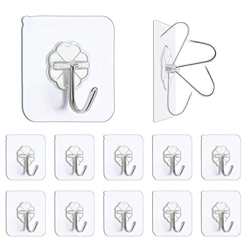 Premium Adhesive Hooks Kitchen Wall Hooks,Heavy Duty 13lb(Max) Wall Hooks, Transparent Reusable Seamless Hooks with Stainless Hooks Reusable Utility Towel Bath Ceiling Office Window Hooks,10 Pack