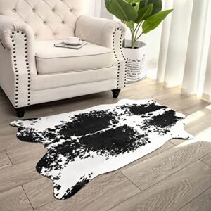 Terrug Cow Print Rug Black 4.6X 5.2 Feet Faux Cow Hide Rug Animal Printed Area Rug Carpet for Home