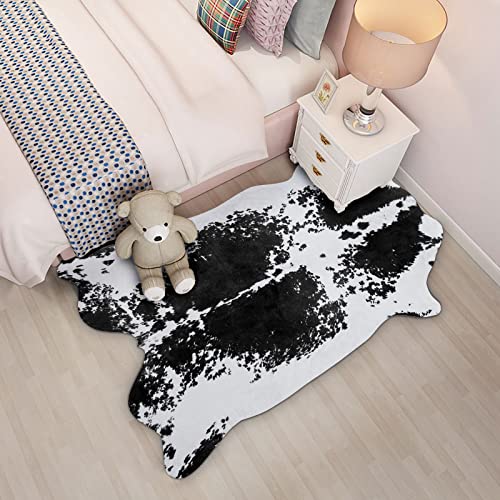 Terrug Cow Print Rug Black 4.6X 5.2 Feet Faux Cow Hide Rug Animal Printed Area Rug Carpet for Home