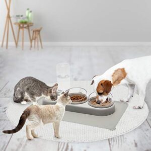 YEACHA Raised Cat Bowls, Tilt Cat Dog Food Water Elevated Bowls Set with Automatic Water Bottle, with Silicon Waterproof Mat, for Cats Small Dogs, Grey