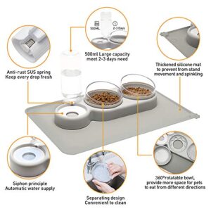 YEACHA Raised Cat Bowls, Tilt Cat Dog Food Water Elevated Bowls Set with Automatic Water Bottle, with Silicon Waterproof Mat, for Cats Small Dogs, Grey