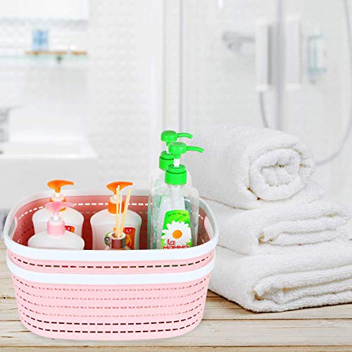 2 Pack Plastic Storage Basket Pink, Large Plastic Woven Basket with Portable Handle, Kitchen Pantry Refrigerator Desktop Storage Boxes for Cabinet Freezer Bathroom Closet, 15” x 10” x 6”