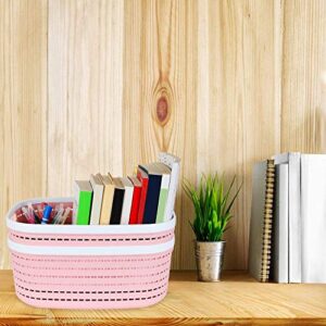 2 Pack Plastic Storage Basket Pink, Large Plastic Woven Basket with Portable Handle, Kitchen Pantry Refrigerator Desktop Storage Boxes for Cabinet Freezer Bathroom Closet, 15” x 10” x 6”