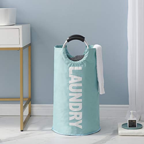 82L Large Thicken Laundry Basket Collapsible Fabric Laundry Hamper Foldable Heavy Duty Clothes Bag Portable Washing Bin Waterproof Cloth Hampers Storage with Durable Aluminum Handles (Light Blue)