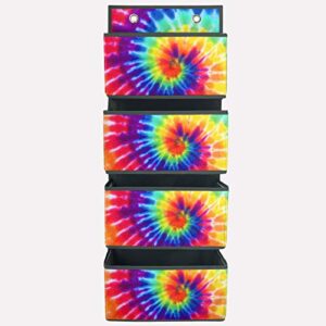 uzzuhi tie dye over the door closet organizer, wall hanging storage bags 4 pockets for bedroom & bathroom colorful abstract rainbow swirl pattern