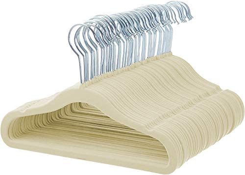 Amazon Basics Slim, Velvet, Non-Slip Suit Clothes Hangers, Ivory/Silver - Pack of 50 & Kids Velvet, Non-Slip Clothes Hangers, Beige - Pack of 50