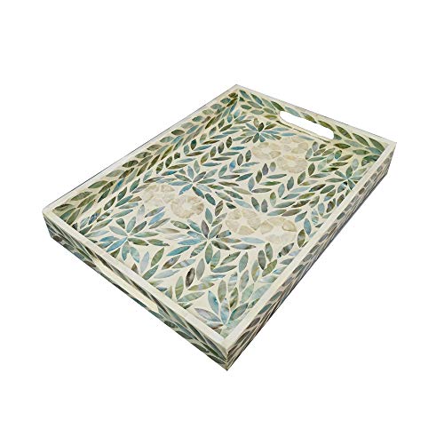 I-lan Creative Rectangular Mother of Pearl Shell Severing Tray Lacquer Wooden Decorative Tray Handmade Shell Serving Tray (35cm)