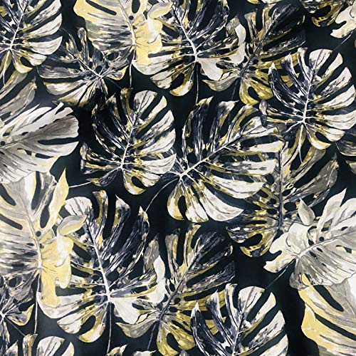 Black & Green Palm Banana Leaf Print Fabric Tropical Leaves Cotton Curtain Material Upholstery - 55 inches Wide (Sold by The Yard)