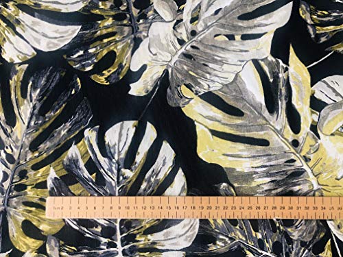 Black & Green Palm Banana Leaf Print Fabric Tropical Leaves Cotton Curtain Material Upholstery - 55 inches Wide (Sold by The Yard)