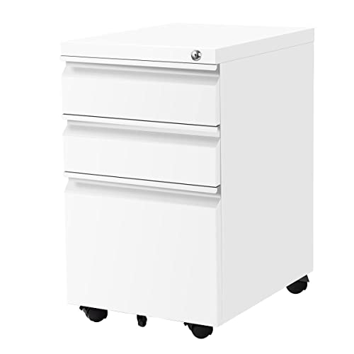 Greenvelly White File Cabinet 3 Drawer on Wheels, Metal Locking Filing Cabinet with Lock, Under Desk Mobile File Cabinet with Hanging Frame and 2 Keys for Legal/Letter/A4 Size, Fully Assembled