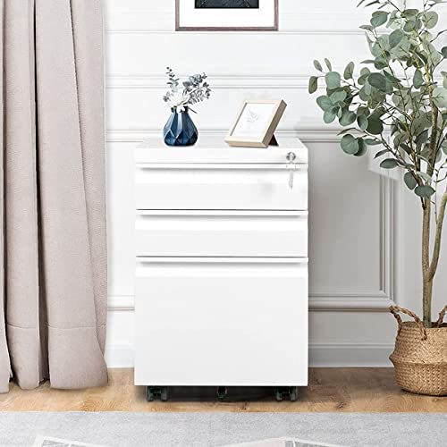 Greenvelly White File Cabinet 3 Drawer on Wheels, Metal Locking Filing Cabinet with Lock, Under Desk Mobile File Cabinet with Hanging Frame and 2 Keys for Legal/Letter/A4 Size, Fully Assembled