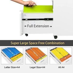 Greenvelly White File Cabinet 3 Drawer on Wheels, Metal Locking Filing Cabinet with Lock, Under Desk Mobile File Cabinet with Hanging Frame and 2 Keys for Legal/Letter/A4 Size, Fully Assembled