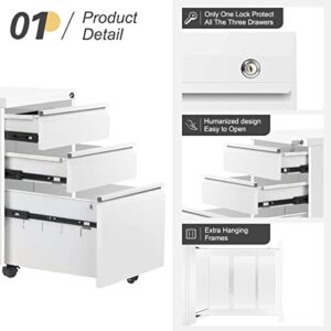 Greenvelly White File Cabinet 3 Drawer on Wheels, Metal Locking Filing Cabinet with Lock, Under Desk Mobile File Cabinet with Hanging Frame and 2 Keys for Legal/Letter/A4 Size, Fully Assembled