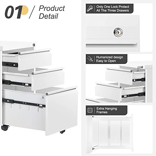 Greenvelly White File Cabinet 3 Drawer on Wheels, Metal Locking Filing Cabinet with Lock, Under Desk Mobile File Cabinet with Hanging Frame and 2 Keys for Legal/Letter/A4 Size, Fully Assembled