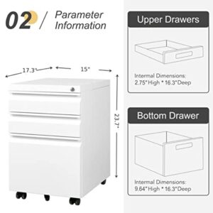 Greenvelly White File Cabinet 3 Drawer on Wheels, Metal Locking Filing Cabinet with Lock, Under Desk Mobile File Cabinet with Hanging Frame and 2 Keys for Legal/Letter/A4 Size, Fully Assembled