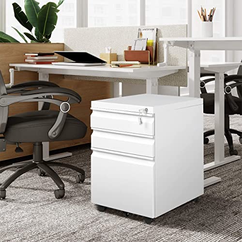 Greenvelly White File Cabinet 3 Drawer on Wheels, Metal Locking Filing Cabinet with Lock, Under Desk Mobile File Cabinet with Hanging Frame and 2 Keys for Legal/Letter/A4 Size, Fully Assembled