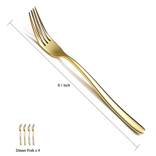 Gold Dinner Forks 4 Pieces, Homquen Sturdy Stainless Steel 8.1" Modern Design Forks Set, Table Fork, Salad Fork With Smooth Edge Dishwasher Safe