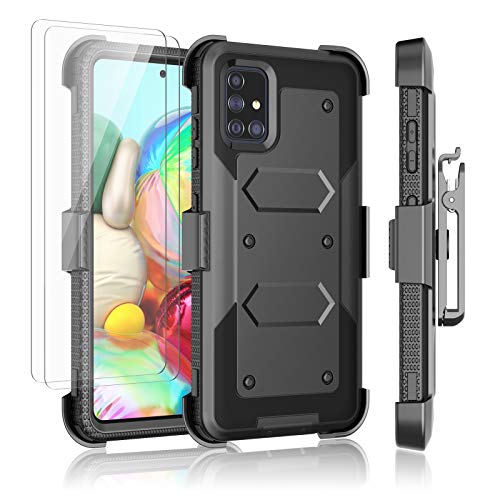 Njjex Rugged Case For Samsung Galaxy A71 5G, For Galaxy A71 Case + Tempered Glass Screen Protector [2 Pack], [Nbeck] Shockproof Heavy Duty Locking Swivel Holster Belt Clip Kickstand Hard Cover [Black]