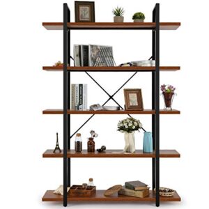 5 tier industrial bookshelf, 6 foot tall solid etagere bookcase, 72 h x 12 w x 47d inches, free standing book shelves for living room, bedroom, office, black metal frame and warm rustic brown wood