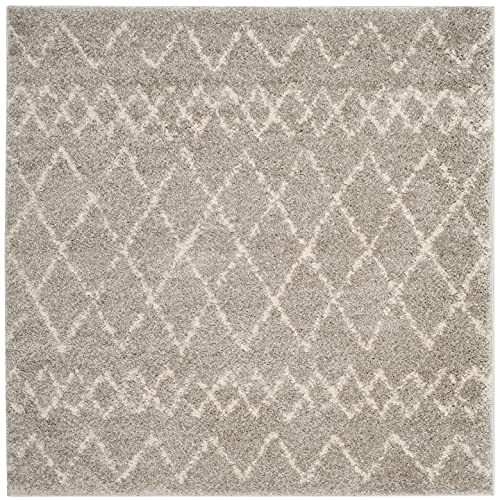 SAFAVIEH Berber Shag Collection 3' Square Light Grey/Cream BER165B Moroccan Non-Shedding Living Room Bedroom Dining Room Entryway Plush 1.25-inch Thick Area Rug