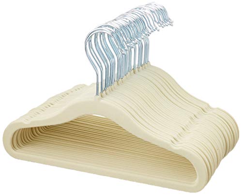 Amazon Basics Slim, Velvet, Non-Slip Suit Clothes Hangers, Ivory/Silver - Pack of 50 & Kids Velvet, Non-Slip Clothes Hangers, Beige - Pack of 30