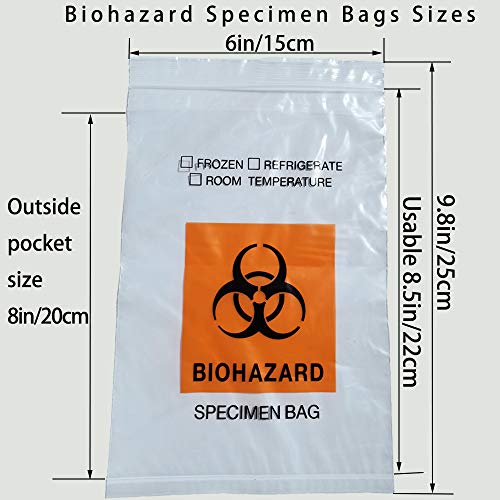 Daarcin 100pcs Biohazard Specimen Bags, 6x9.8in/15x25cm Laboratory Sample Bag with Biohazard Logo Printing, Ziplock Top with Outside Pocket Paperwork Pouch