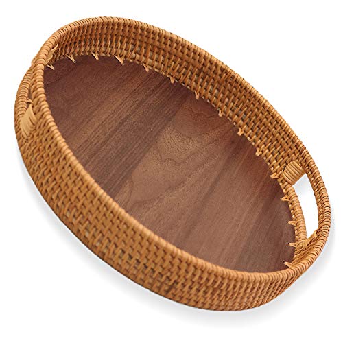 Rattan Decorative Tray with Natural Wood - Coffee Table/ Ottoman Tray - Vanity Tray - Fruit Basket - Serving Tray