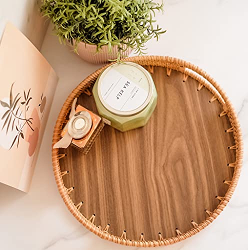 Rattan Decorative Tray with Natural Wood - Coffee Table/ Ottoman Tray - Vanity Tray - Fruit Basket - Serving Tray