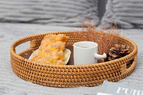 Rattan Decorative Tray with Natural Wood - Coffee Table/ Ottoman Tray - Vanity Tray - Fruit Basket - Serving Tray