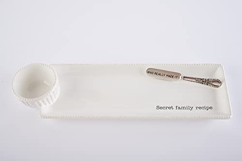 Mud Pie Secret Family Recipe White Ceramic Tray with Dip Cup, 4 1/2" x 15" | Spreader 5 1/2"