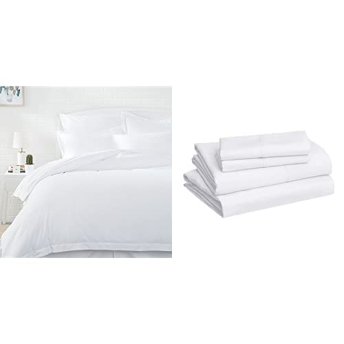 Amazon Basics Light-Weight Microfiber Duvet Cover Set W/Snap Buttons -Full/Queen, Bright White & Lightweight Super Soft Easy Care Microfiber Sheet Set with 16 inch Deep Pockets - Queen, Bright White