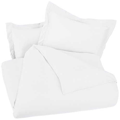 Amazon Basics Light-Weight Microfiber Duvet Cover Set W/Snap Buttons -Full/Queen, Bright White & Lightweight Super Soft Easy Care Microfiber Sheet Set with 16 inch Deep Pockets - Queen, Bright White