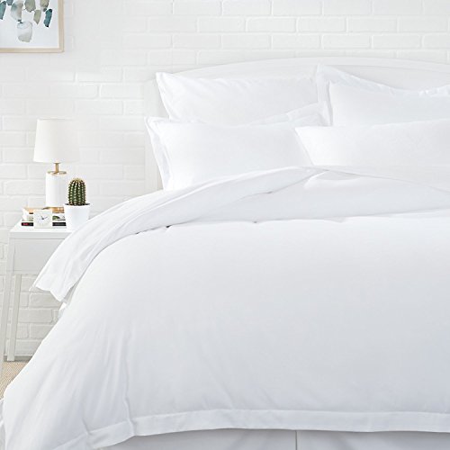 Amazon Basics Light-Weight Microfiber Duvet Cover Set W/Snap Buttons -Full/Queen, Bright White & Lightweight Super Soft Easy Care Microfiber Sheet Set with 16 inch Deep Pockets - Queen, Bright White