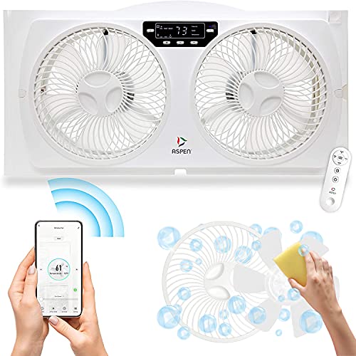 ASPEN Smart Window Dual Fan | WiFi App Controlled 3 Speed + Multi-Function Detachable Blades Easy Clean Reversible Air Flow Twin Window Fan | Compatible with Alexa, Google Assistant