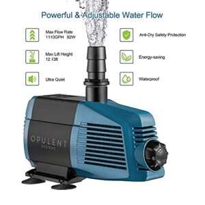 OPULENT SYSTEMS 1100GPH 92W Submersible Pump (4125L/H) Ultra Quiet Water Pump with 10FT Long Power Cord for Fish Tank, Pond, Aquarium, Statuary and Hydroponics