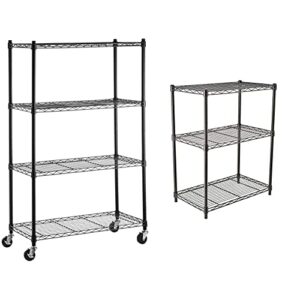 amazon basics 4-shelf shelving storage unit on 3'' wheel casters, black (36l x 14w x 57.75h) & 3-shelf adjustable, heavy duty storage shelving unit (250 lbs), black (23.3l x 13.4w x 30h)