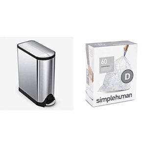 simplehuman 40 liter / 10.6 gallon stainless steel dual compartment butterfly lid kitchen step trash can recycler & code d custom fit drawstring recycling trash bags, 20 liter / 5.2 gallon, 60 count