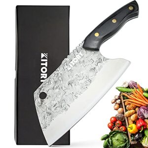 kitory cleaver knife, forged kitchen knife, full-tang wood handle, hammered finish for home & kitchen use