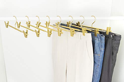 Amber Home Premium Matte Gold Aluminum Pants Hangers 10 Pack, 12.2” Extra Smooth & Durable Metal Skirt Slack Hanger, Light & Sturdy Metal Rack for Trouser with 2-Adjustable Non Slip Clips Swivel Hook