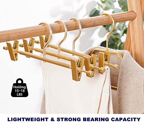 Amber Home Premium Matte Gold Aluminum Pants Hangers 10 Pack, 12.2” Extra Smooth & Durable Metal Skirt Slack Hanger, Light & Sturdy Metal Rack for Trouser with 2-Adjustable Non Slip Clips Swivel Hook