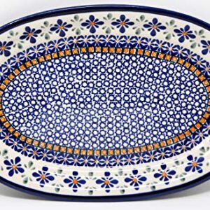 Polish Pottery Oval Serving Platter From Zaklady Ceramiczne Boleslawiec Mosaic Flower Pattern, Dimensions: 12 Inch X 7.75 Inch