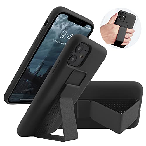 LAUDTEC Silicone Kickstand Case Compatible with iPhone 11 case Vertical and Horizontal Stand Hand Strap Metal Kickstand, Flexible Soft Liquid Silicone Stand Case for iPhone 11(Black)