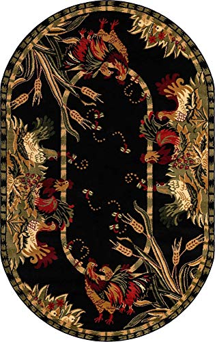 Unique Loom Barnyard Collection French Country Inspired Cottage Rooster Design Area Rug (5' 0 x 8' 0 Oval, Black/Ivory)